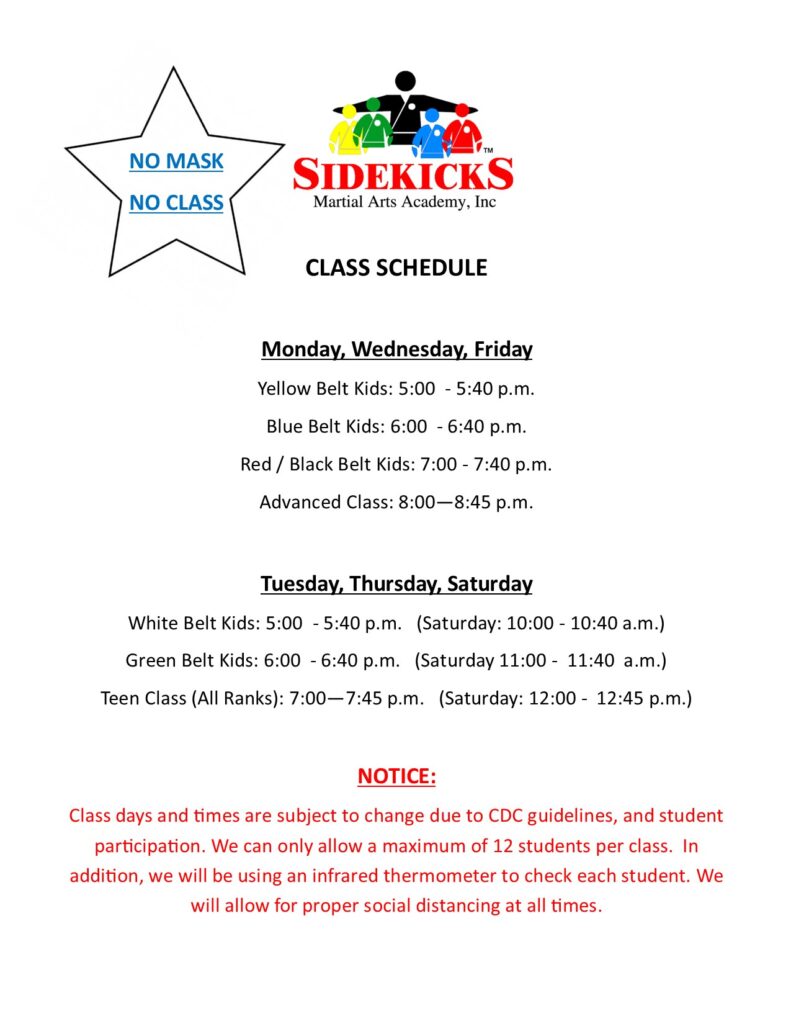 Class Schedule Sidekicks Taekwondo Classes for Kids ages 5+